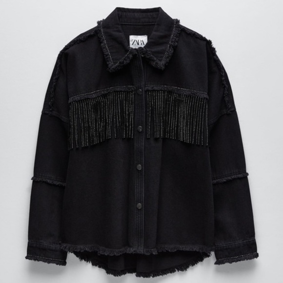 Zara | Jackets & Coats | Zara Fringe Western Jacket Denim Black Sparkle ...